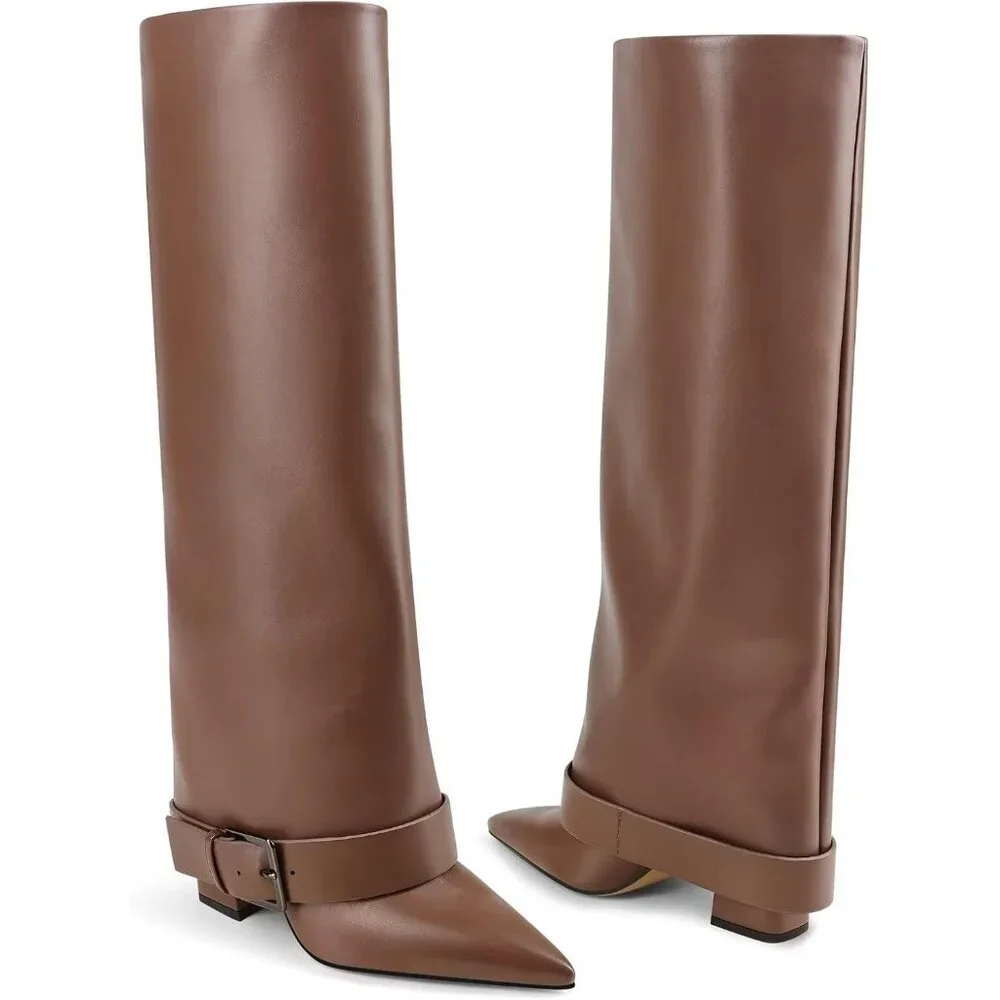 Shoes | Womens Brown Knee High Boots Fold Over High Heel Belt Buckle ...